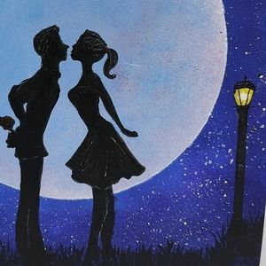 Art | Artist Signed Full Moon Kiss Acrylic Painting On 8x8 Wooden ...